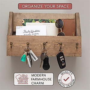 Ilyapa Key Holder for Wall, Farmhouse Mail Organizer Wall Mount, Rustic Wooden Mail Holder, Keys Center with 5 Antique Brass Hooks