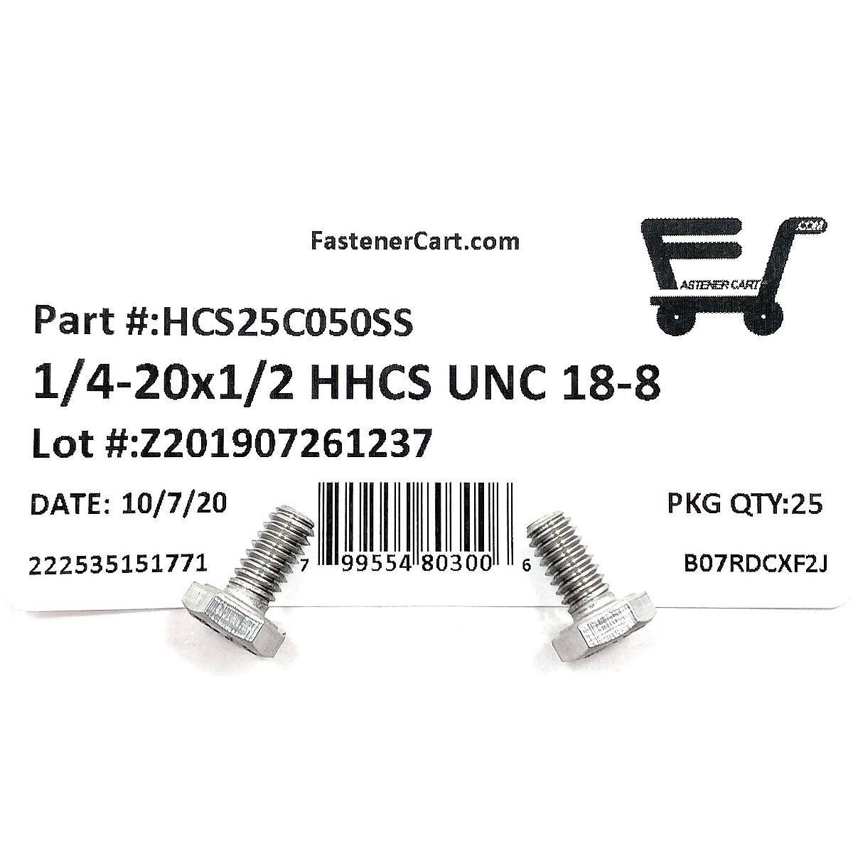 1/4-20x1/2 Stainless Steel Hex Cap Screws FT Hex Bolts 18-8 (UNC) COARSE Thread - (25 pcs)