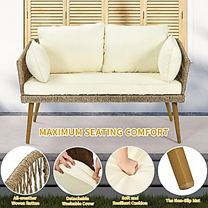 DWVO Patio Wicker Loveseat, All-Weather Rattan 2 Seater Sofa with Cushions & Lumbar Pillows, Outdoor Patio Furniture Set for Patio, Balcony, Backyard, Deck, Poolside - Beige