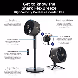 Shark FlexBreeze Indoor Fan for Home, Office & Bedroom, Corded & Cordless, Pedestal & Tabletop Oscillating Fan with Remote, Portable with InstaCool Misting Attachment for Outdoor Usage, FA222