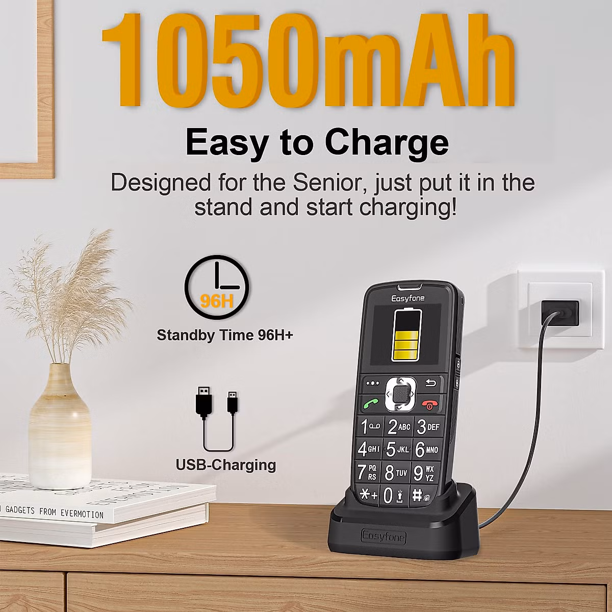 Easyfone Prime-A6 4G Unlocked Big Button Cell Phone for Seniors | Easy-to-Use | Clear Sound | SOS Button | SIM Card Included | Convenient Charging Dock
