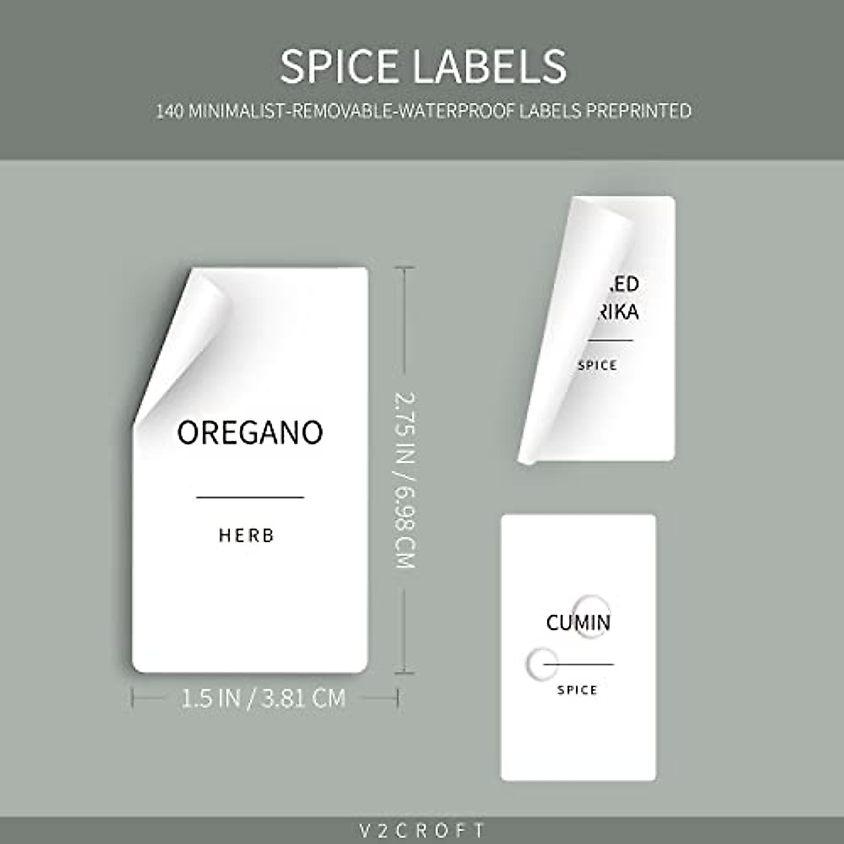 v2croft Spice Jar Labels,140 pcs Minimalist Preprinted White Sticker Black Text, Farmhouse Modern Waterproof Label Organization for Glass Bottles Containers, Herb Seasoning, Kitchen Pantry