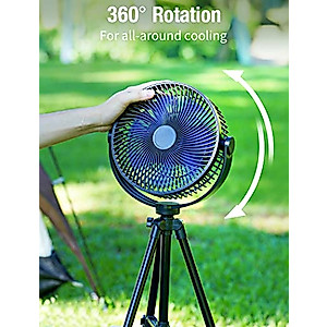 Koonie Standing Fan, 10000mAh Portable Rechargeable 8'' Battery Powered Pedestal Fan with Tent Hook 37Hours Working Time Adjustable Tripod 4 Speeds Fan for Bedroom Travel Fishing Beach Camping