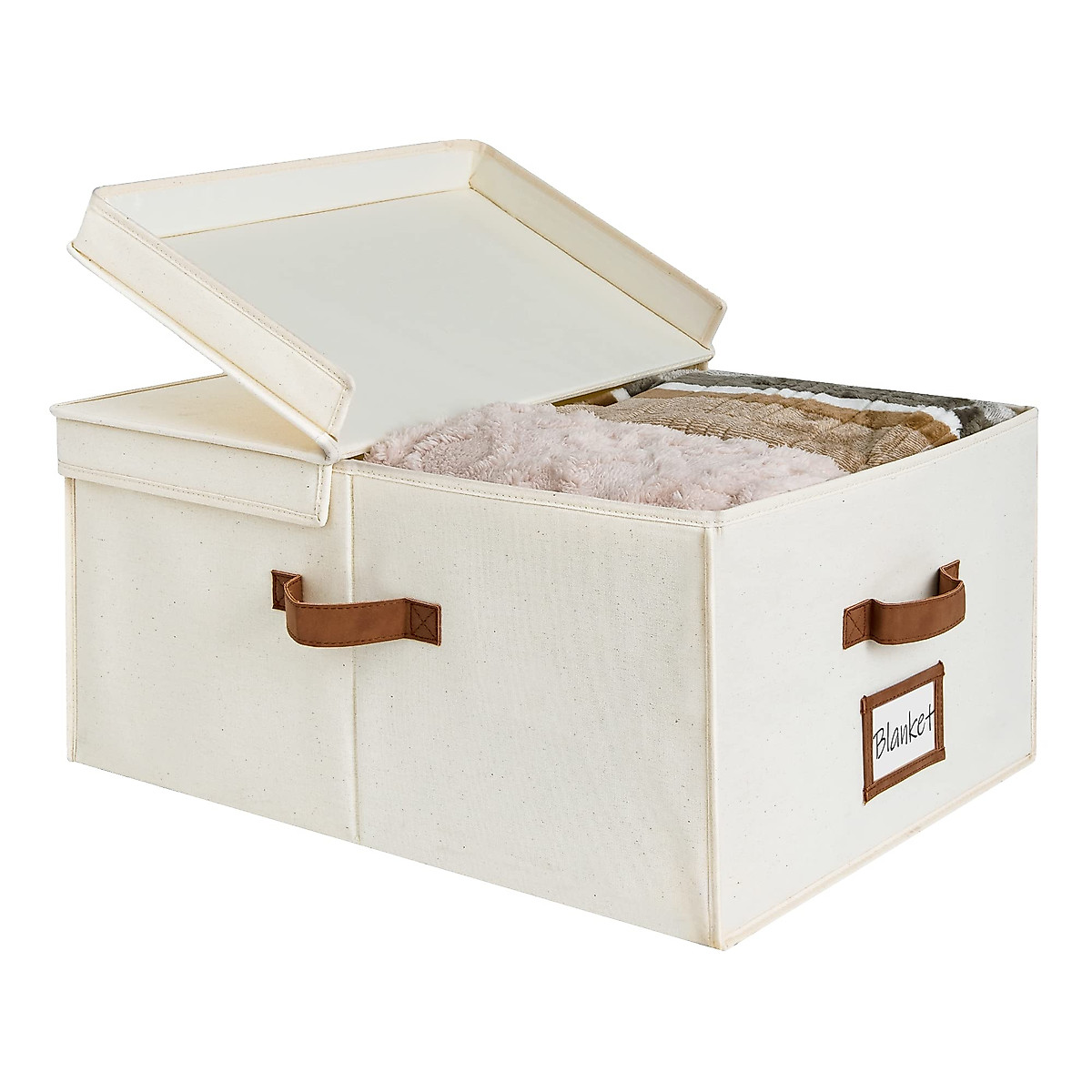 StorageWorks 45L Extra Large Fabric Storage Bins with PU Handles 2-pack, 55L Storage Bin, Decorative Closet Storage Box with Double-Open Lid