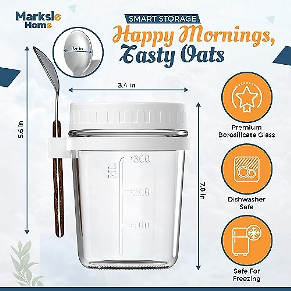 Overnight Oats Containers with Lids - Multi-Functional 16 OZ Overnight Oats Jars - 2 Pack Mason Jars Overnight Oats - Overnight Oats Container Glass - Oatmeal Container - Chia Pudding Jars with Lids