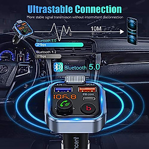 LENCENT FM Transmitter in-Car Adapter,Type-C PD 20W+ QC3.0 Fast USB Charger, Wireless Bluetooth 5.0 Radio Car Kit,Hands Free Calling, Mp3 Player Receiver Hi Fi Bass Support U Disk