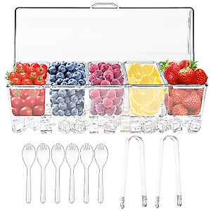 TRBIDRBO Ice Chilled Caddy with 5 Containers and Lid - Chilled Condiment Server for Fruit, Snack, Sauce Garnish Tray - 2.4cup Each Dishes