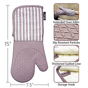 Alselo Silicone Oven Mitts Heat Resistant 932℉ with Waterproof & Non-Slip Kitchen Mittens, Set of 2 Extra Long Oven Gloves with Soft Cotton Terry Lining for Baking Cooking Barbecue(2, Purple Mitts)