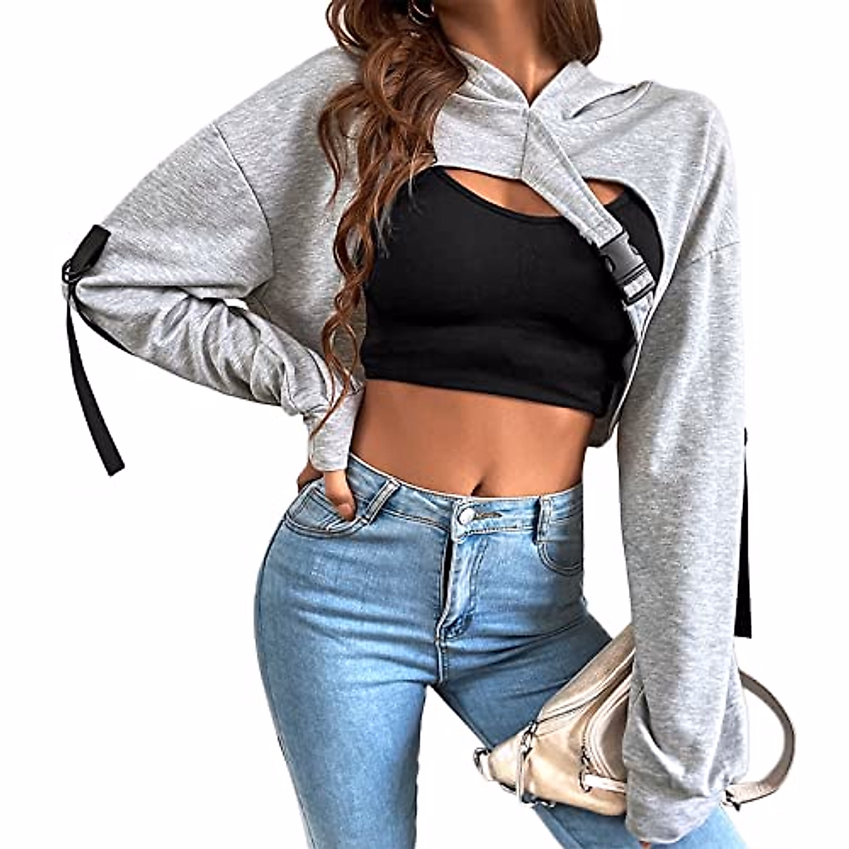 Women Long Sleeve Cropped Super Crop Top Hoodies Sweatshirt Aesthetic Punk Hip Hop Dance Sexy Rave Festival Clothes Going Out Tops Light Grey M