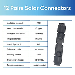 LiuTaoWMX 12 Pairs/24PCS Solar Connectors, IP67 Waterproof 1000V 30A Male & Female Solar Panel Cable Connectors (12AWG-10AWG)