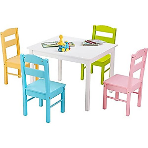 HONEY JOY Kids Table and Chair Set, Wooden Toddler Table and 4 Chairs for Arts & Crafts, Snack Time, 5-Piece Children Furniture Set for Daycare, Kindergarten, Playroom, Gift for Boys Girls (Colorful)