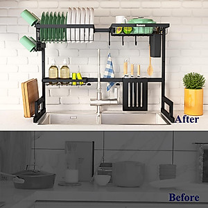 Kitsure Over The Sink Dish Drying Rack - 23.6" to 35"x21.2", Adjustable Sink Drying Rack for Kitchen Sink with Large Capacity, 2-Tier Dish Rack Over Sink with Multifunctional Baskets,Black