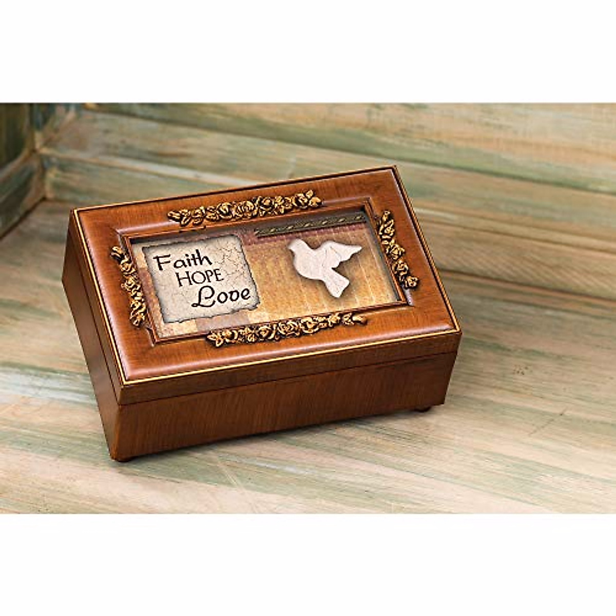 Cottage Garden Faith Hope and Love Woodgrain Petite Rose Music Box Plays in The Garden