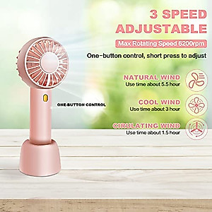 Mini Handheld Fan, Mini Portable Fan with 3 Speeds, USB Charging Personal Small Desk Fan with Base Ladies Mini Makeup Fan，Mini Fan Battery Operate for Girl Women Men Outdoor, Indoor,Travel (pink)