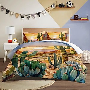 AILONEN Watercolor Cactus Duvet Cover Twin Size,Sunset Mountains Cactus Forest Bedding Set,Orange Succulent Flower Comforter Cover for Boys Teens Kids,1 Quilt Cover 2 Pillowcases,3 PCS
