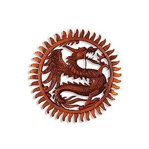 G6 Collection 11” Wooden Hand Carved Wall Hanging Dragon Panel Relief Plaque Statue Sculpture Handcrafted Gift Art Home Decor Figurine Accent Decoration Handmade Wall Dragon