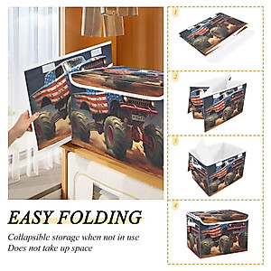 YMGQYJ American Monster Truck Storage Cube with Lid Collapsible, Large Capacity Foldable Storage Basket Bin Organizer 16.5×12.6×11.8 inches