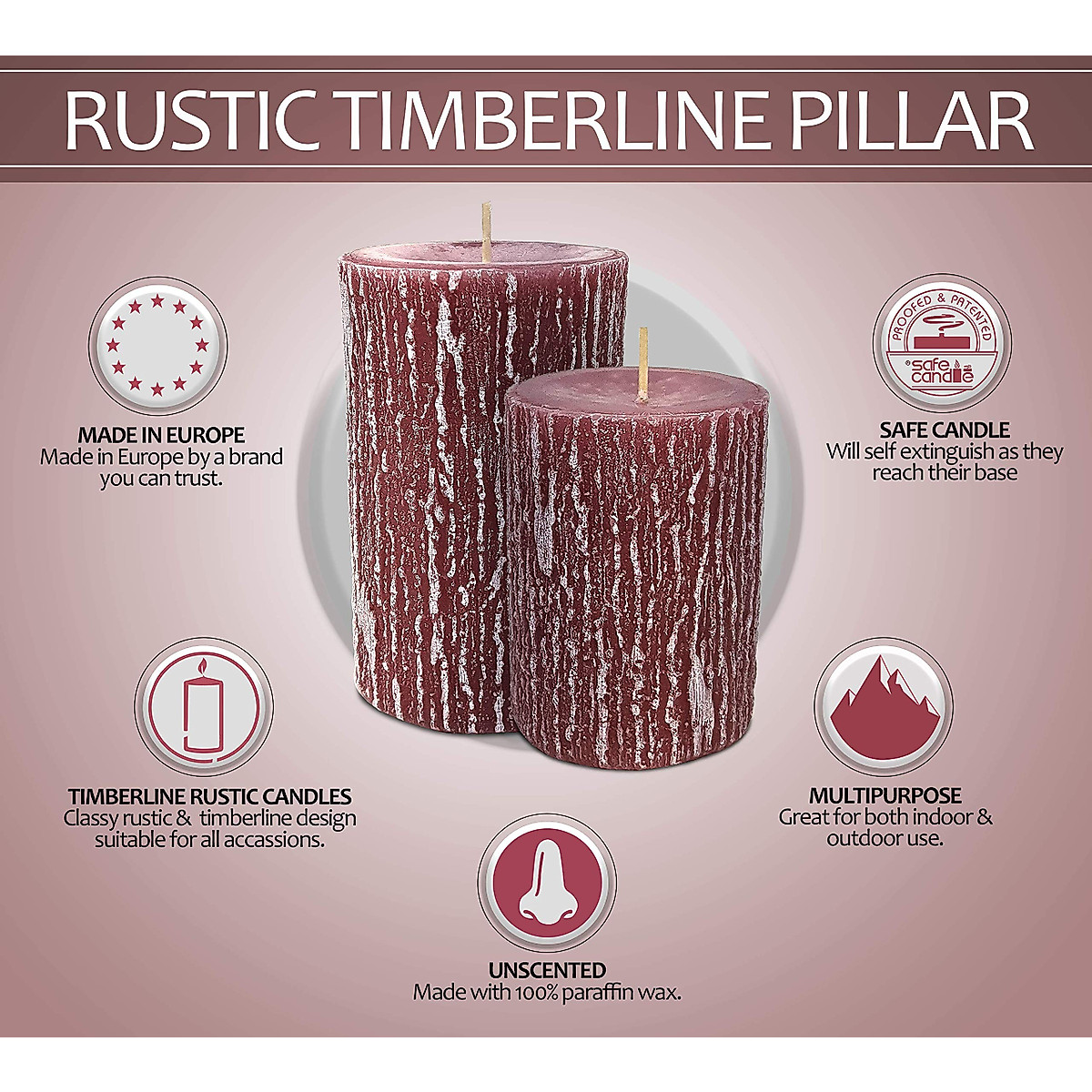 Hyoola Timberline Pillar Candles - 6 Pack - Rose Pink Pillar Candles - European Made Rustic Pillar Candle - 2.5 Inch x 3.5 Inch