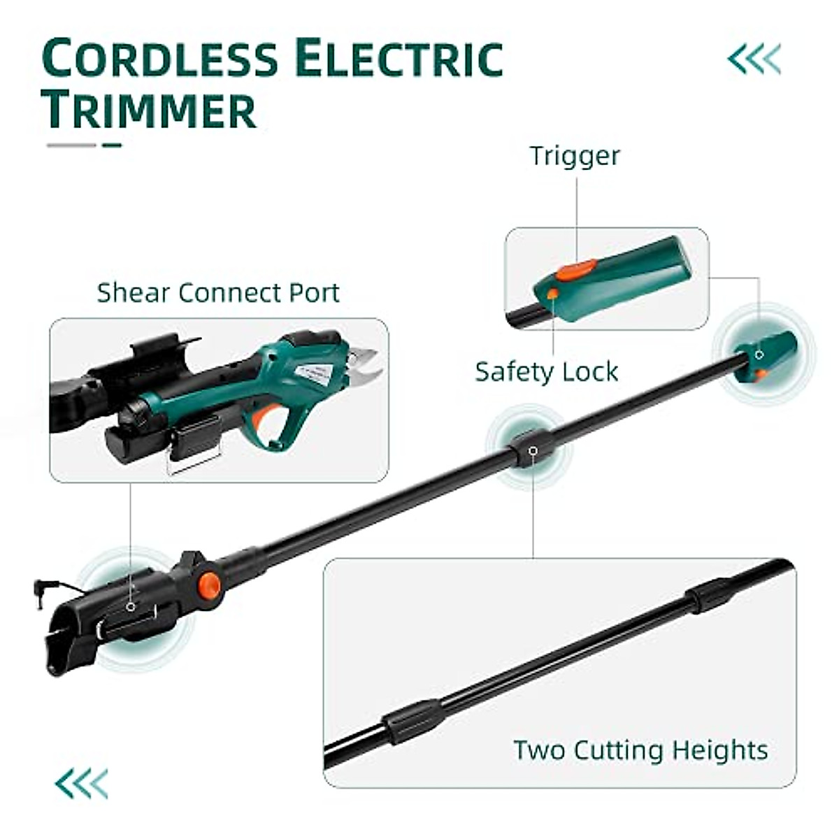 MELLCOM Electric Pruning Shears, Cordless Pruning Shears with 5.1/6.6 Ft High Telescopic Pole, Lithium Battery Powered, with Safety Protection, Green