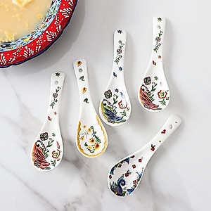 HonHeam Ceramic Soup Spoons Set, Bohemian Porcelain Rice Spoons, Colorful Glaze Flower Pattern Tableware Spoons Set of 4
