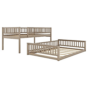 LZ LEISURE ZONE Full XL Over Queen Bunk Bed, Detachable Design Bunk Beds, Modern Wood Bunk Bed Frame with Ladder and Guardrails, No Box Spring Needed, Walnut