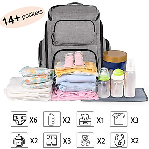 Mancro Diaper Bag Backpack, Multifunctional Travel Dad Diaper Bag with Insulated Pockets, Large Capacity Baby Diaper Backpack for Men and Women with Laptop Pocket and Stroller Straps, Grey