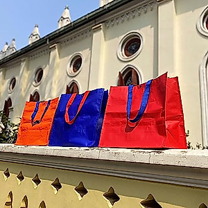 Little Fire Craft Reusable Grocery Bag Woven Plastic Shopping Bags Gift Bag Heavy Duty Moving Bag Lightweight Durable Foldable 3 Pack Orange