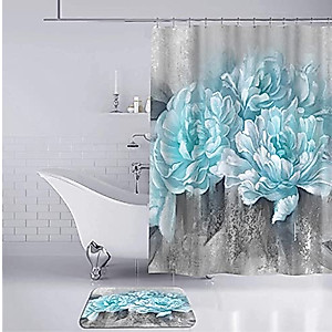 DuoBaorom 4 Pieces Set Teal Blue Flower Shower Curtain Set Elegant Floral Picture Print on Non-Slip Rugs Toilet Lid Cover Bath Mat and Bathroom Curtain with 12 Hooks 72x72inch