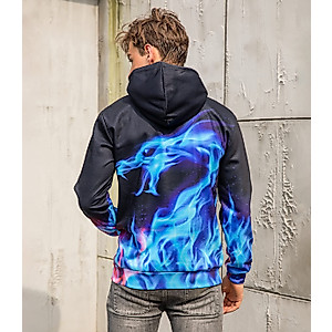 Men Long Sleeve Hoodie Women Novelty Hooded 3D All Over Print Blue Red Smoke Dragon Unique Design for Adults Youth Boys Couples Trendy Warm Fleece Pullover with Drawstring 80 Sports Clothing Large