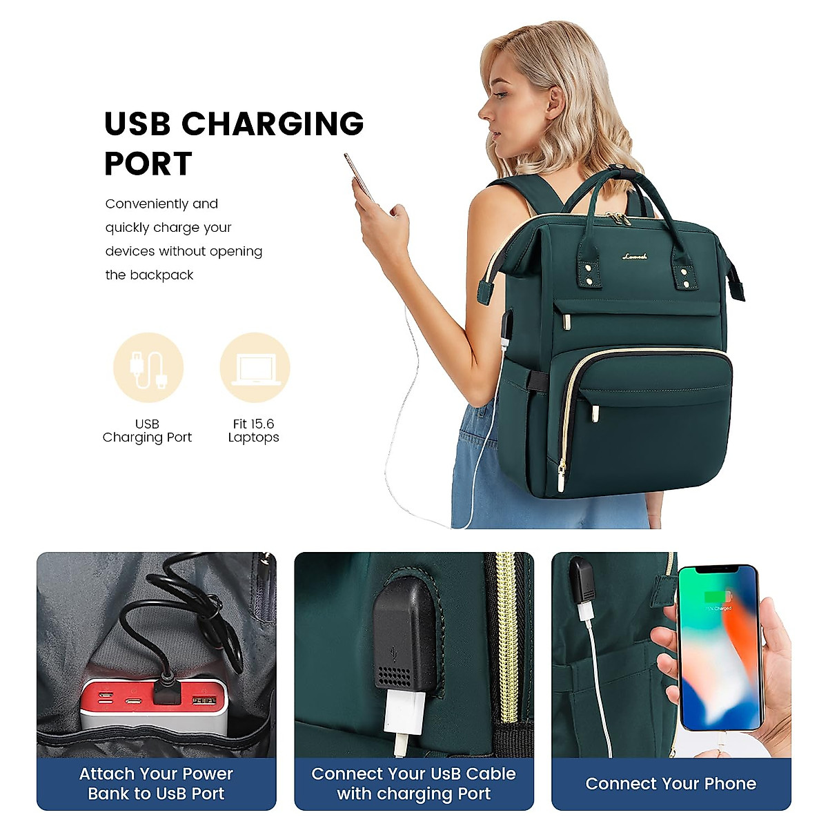 LOVEVOOK College Laptop Backpack, 15.6 Inch Travel Backpack for College, Waterproof Work Backpack Woman for Teacher Nurse Anti-theft Travel Back Pack, Gifts for Women,Dark Green