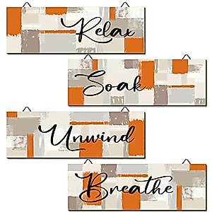 Tradder 4 Pcs Bathroom Wall Art Modern Orange and White Painting Art Bathroom Wall Signs Farmhouse Relax Soak Unwind Breathe Hanging Sign for Home Bathroom Decor