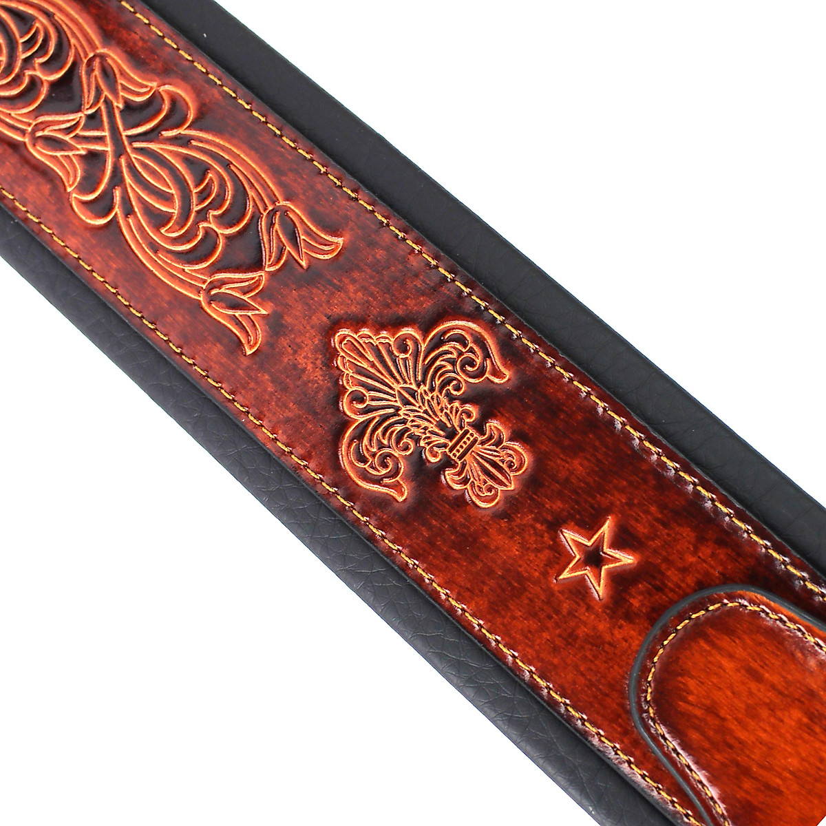 Walker And Williams GB-22 Bourbon Brown Padded Guitar Strap with Fleur De Lis & French Chain Design For Acoustic, Electric, And Bass Guitars