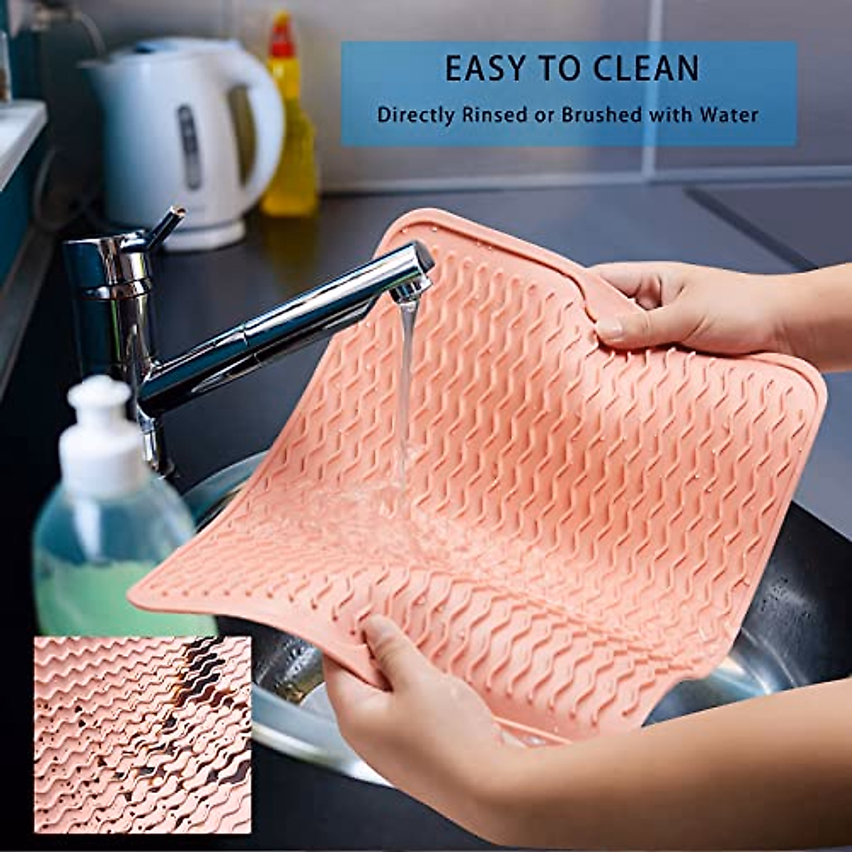 Happy L Dish Drying Mat for Kitchen Counter, Silicone Dish Drainer Mats Heat Resistant Mat, Non-slipping Dishwasher Safe (Pink, 16inch x 12inch)