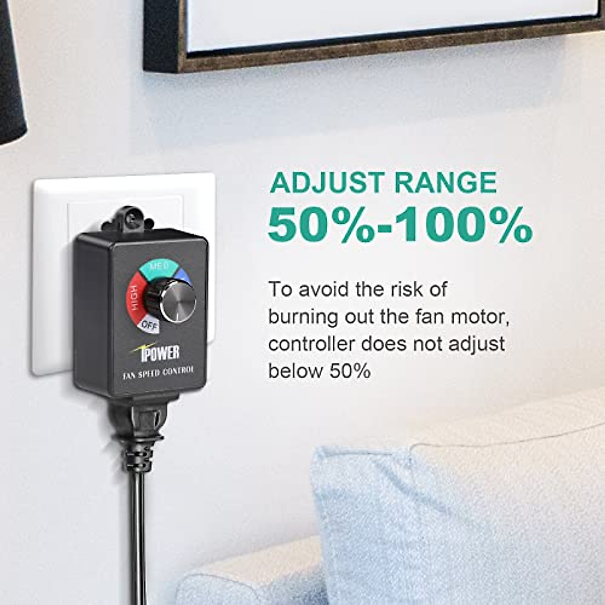 iPower Variable Fan Speed Controller Adjuster Cordless for Duct Inline Exhaust Vent Blower, HVAC, 350W, 1 Pack