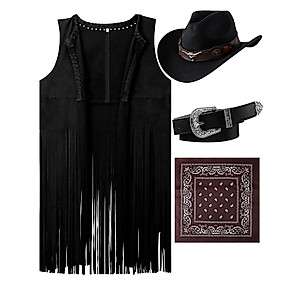 Hercicy Western Outfits for Women Cowgirl Tassel Sleeveless Vest Cowboy Hat Belt and Paisley Bandana for Halloween Dress Up (Black,XL)