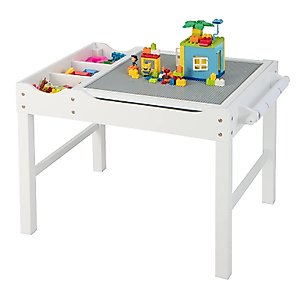 Costzon Kids Table, 3 in 1 Wood Building Block Desk w/Storage, Paper Roll, Reversible Tabletop for Toddler Arts, Crafts, Drawing, Reading, Playing, Gift for Boys Girls, Activity Table (White)