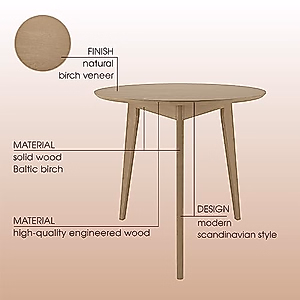 DAIVA CASA Orion Light 31 inch 3 Legs Round Table for 3 Person - Birch Solid Wood Kitchen & Dining Room Furniture - Mid Century Modern Scandinavian Style – Brown Table for Small Space