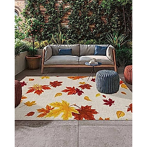 Autumn Maple Leaf Indoor/Outdoor Rug Mat Fall Thanksgiving Day Outside Carpet RV Camping Area Rugs with Rubber Backing for Living Room/Backyard Floor Decor Falling Leaves Seamless on Linen,4x6ft