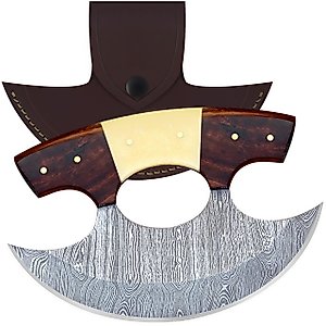 HUNTLUX Damascus Steel Alaskan Ulu Knife With Sheath, 6" Perfect Pizza Cutter Rocker Knife, Mezzaluna Chopper Knife for Kitchen, Authentic Inuit Eskimo Design, Non-Slip Handle