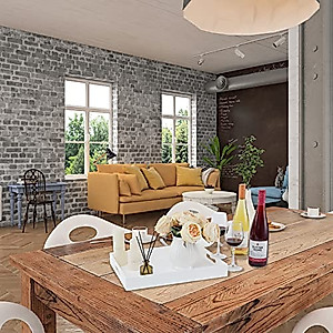 MIKINEE 12×16 Inches Glossy White Acrylic Serving Tray with Handles Ottoman Tray Decorative Tray Spill-Proof Water-Proof Coffee Table Space Saver Countertop Organizer Platter with Safe Edge