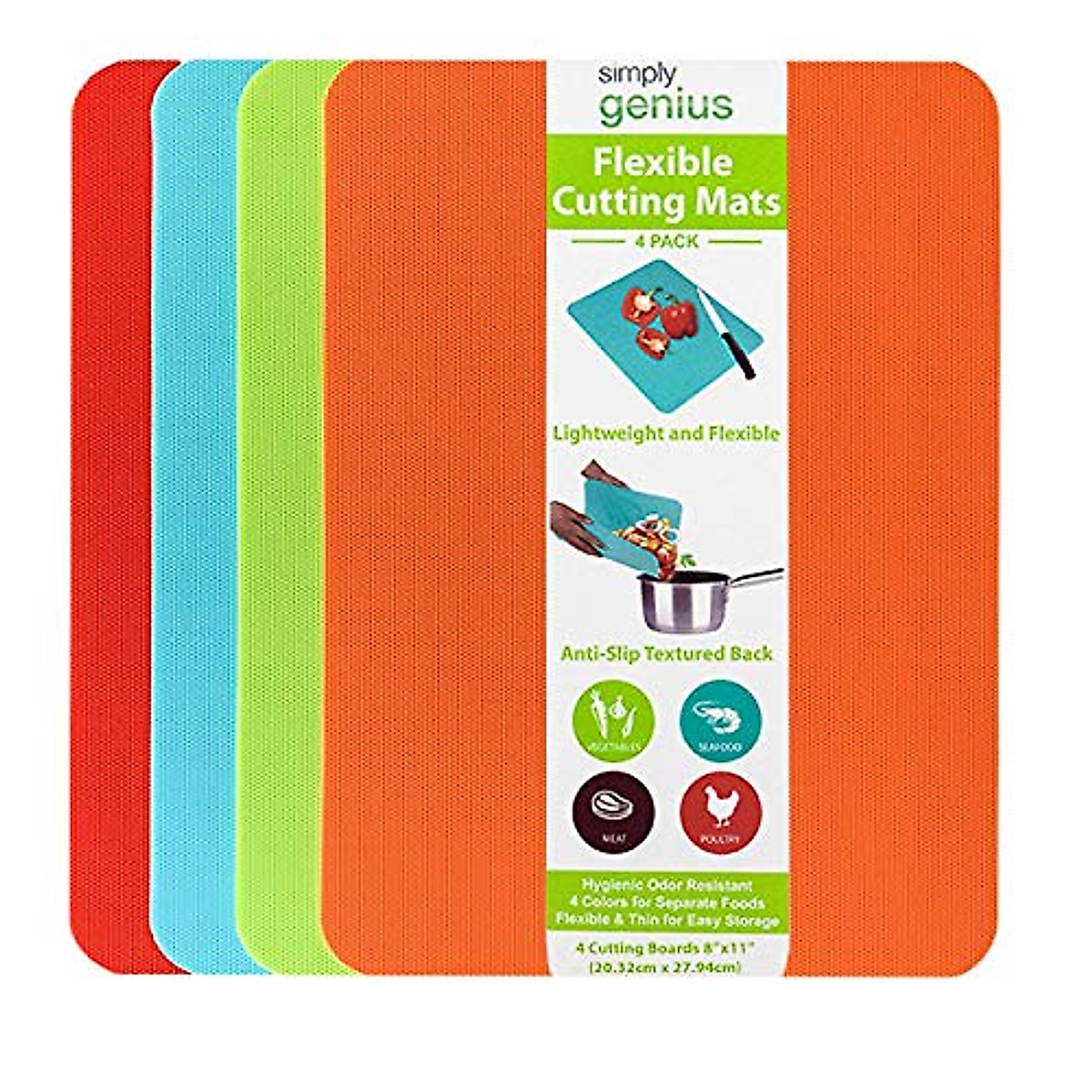 Simply Genius Plastic Cutting Boards for Kitchen - Color Coded Chopping Board Set - Flexible Cutting Mats for Meat & Vegetables - Dishwasher Safe, Non-Slip, BPA Free (4-Pack Multicolor, 8"x11")