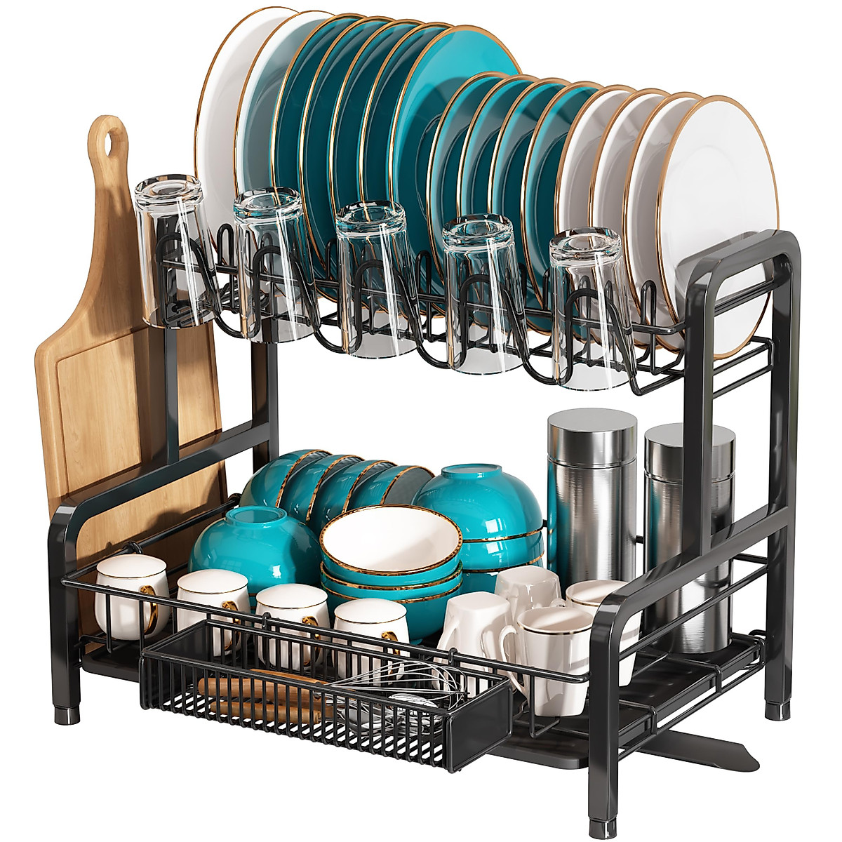 romision 2 Tier Dish Drying Rack, Large Dish Racks and Drainboard Set with Utensil Holder, Dish Drainer for Kitchen Counter, Black