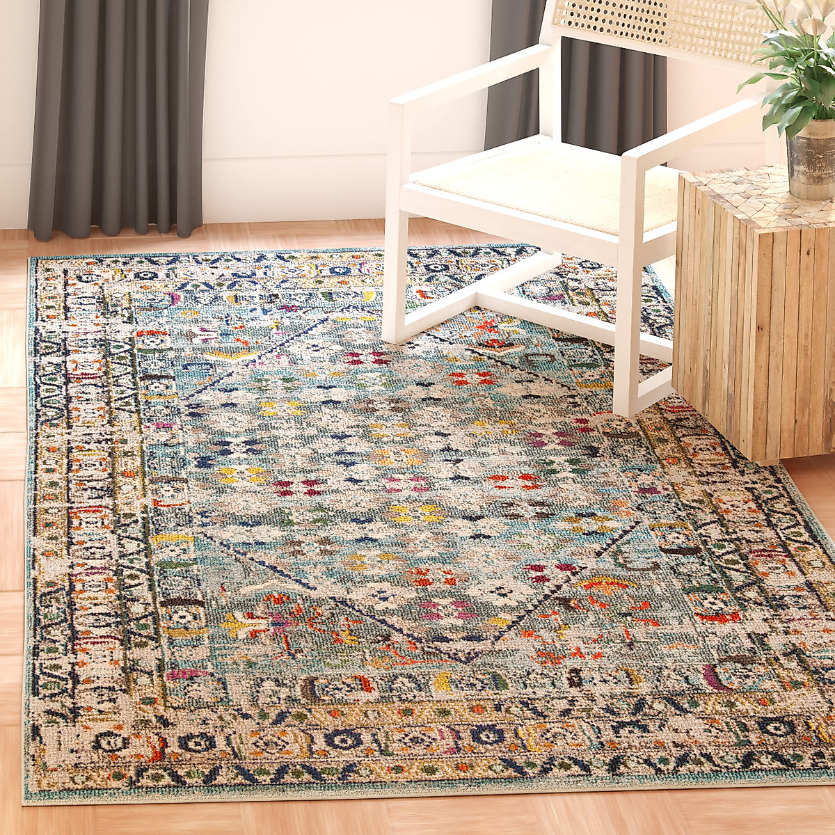 SAFAVIEH Monaco Collection Area Rug - 8' x 10', Blue & Light Grey, Boho Chic Oriental Distressed Design, Non-Shedding & Easy Care, Ideal for High Traffic Areas in Living Room, Bedroom (MNC255M)