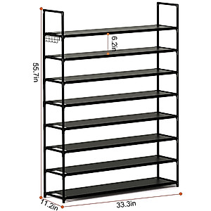 OYREL 8 Tier Shoe Organizer, 33.3in Wide x 11.2in Deep x 55.7in Tall, Black Metal and Plastic Shoe Rack, Holds up to 32-40 Pairs of Shoes
