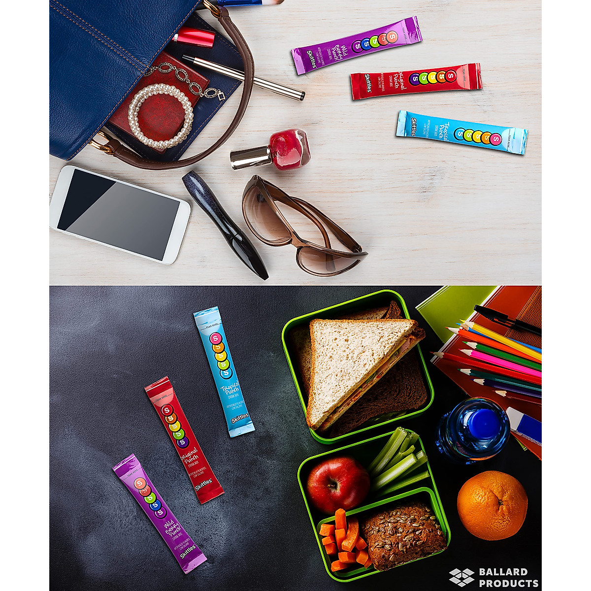 Skittles Singles To Go - Variety Pack of 6 - Candy Flavoring Water Enhancer – 3 Flavors of Skittles Drink Mix - Bundle with Ballard Products Recipe card