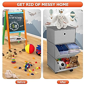 JOMOLA Rolling Storage Cart with 3 Drawers, Utility Cart with Wheels, Fabric Storage Cube Bin with Cover Collapsible Organizer Cart for Dresser Bedroom Dorm Home Office Mobile File Filing Cabinet Gray