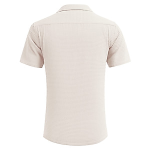 COOFANDY Men's Waffle Shirt Button Down Short Sleeve Shirt Loose Fit Cuban Beach Tops Khaki