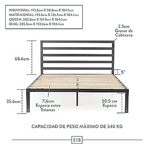 Edenbrook Cassidy Metal Platform Bed Frame with Metal Headboard - Box Spring Not Required - Wood Slat Support, Grey, Queen