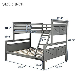 Twin Over Full Bunk Bed,Solid Pinewood Bedframe w/Safety Guardrails and Ladder,Can Be Separated into 2 Beds,for Dorm,Bedroom,Guest Room Furniture,No Box Spring Needed,Gray