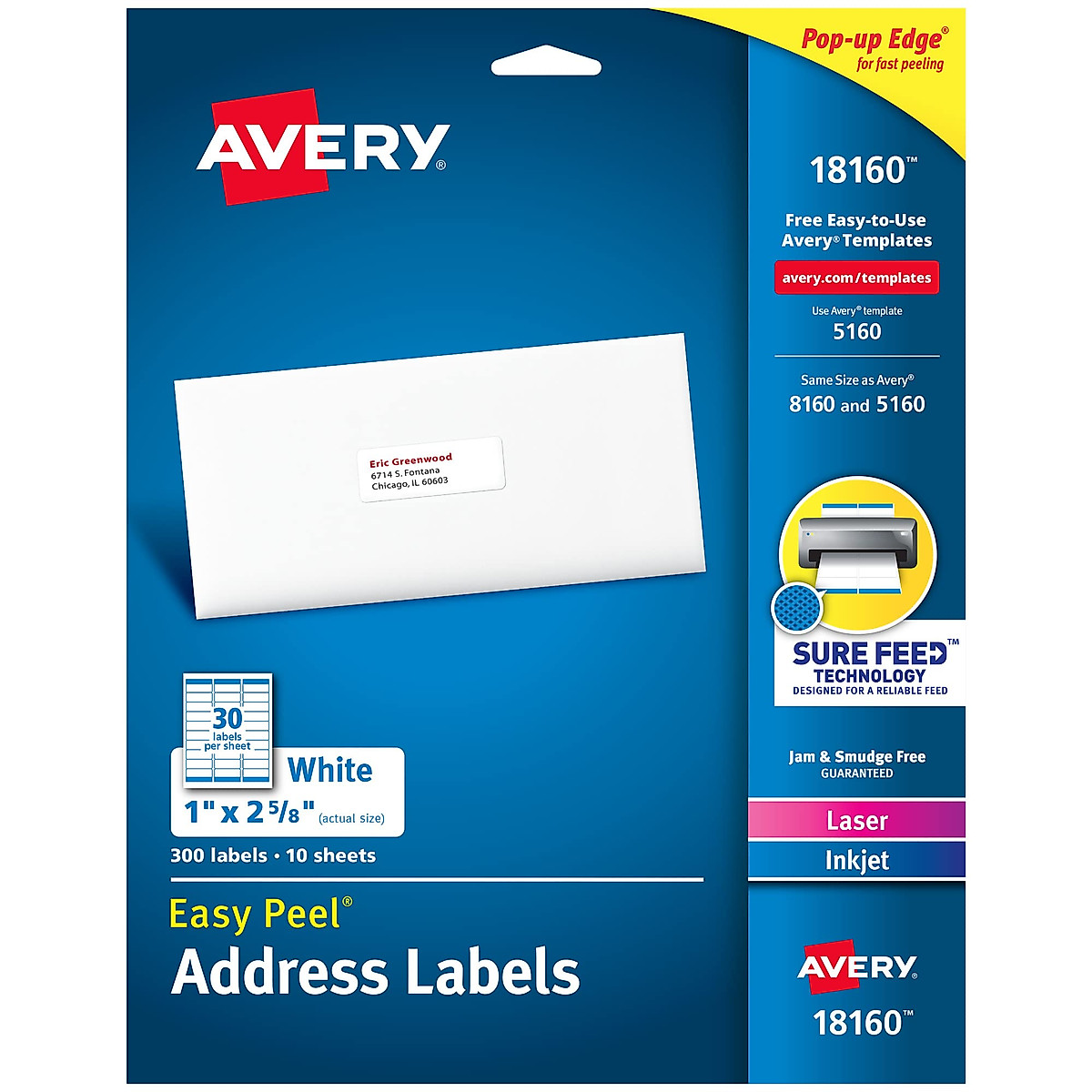 Avery Mailing Address Labels,Laser & Inkjet Printers,300 Labels, 1 x 2-5/8, Permanent Adhesive,5 Packs (18160)